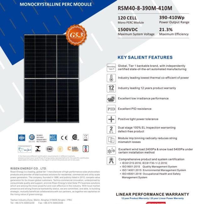Monocrystalline photovoltaic module Risen RSM40-8-405M - SolisPro